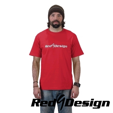 Red shirt with white design.